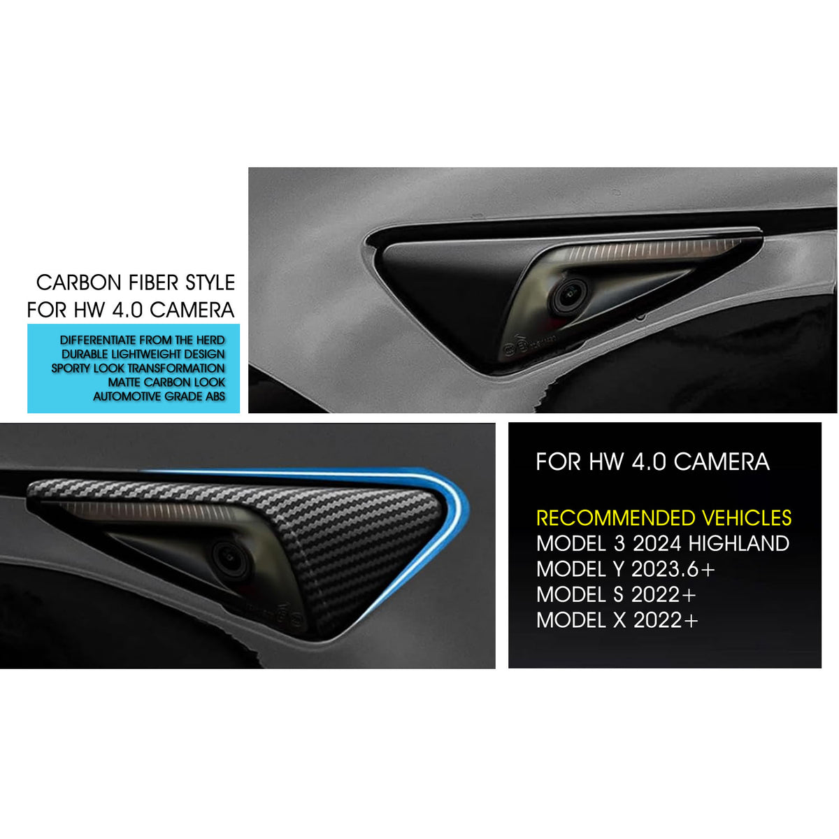 HW4.0 Matte Carbon Look Side Camera Trim Cover Tesla Model 3 Y S X Acc