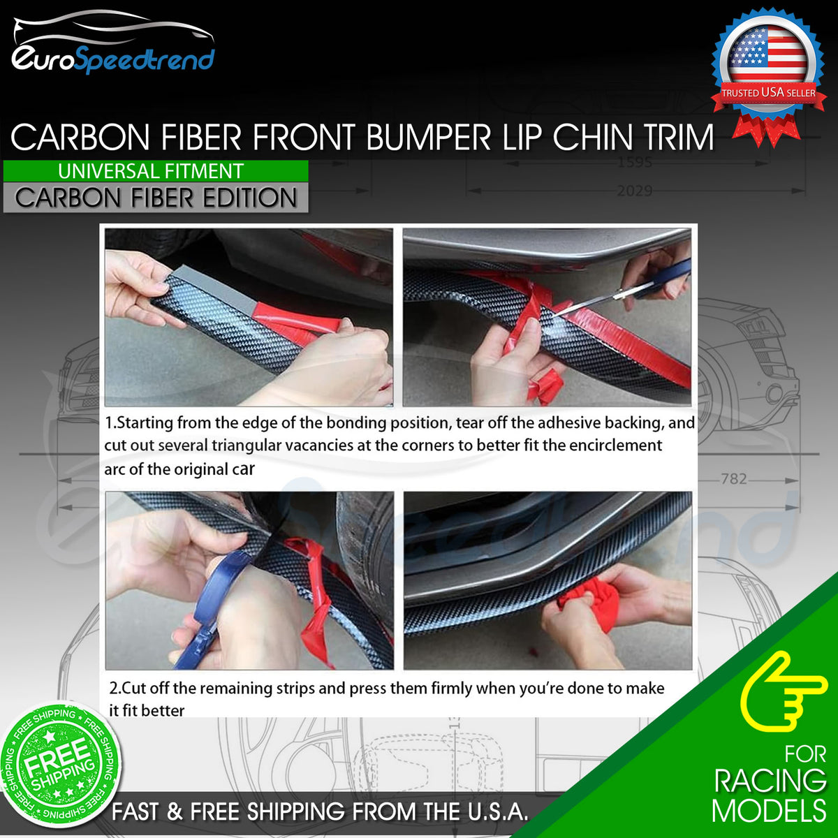 Universal Front Bumper Lip Carbon Fiber Spoiler Splitter Side Body Kit