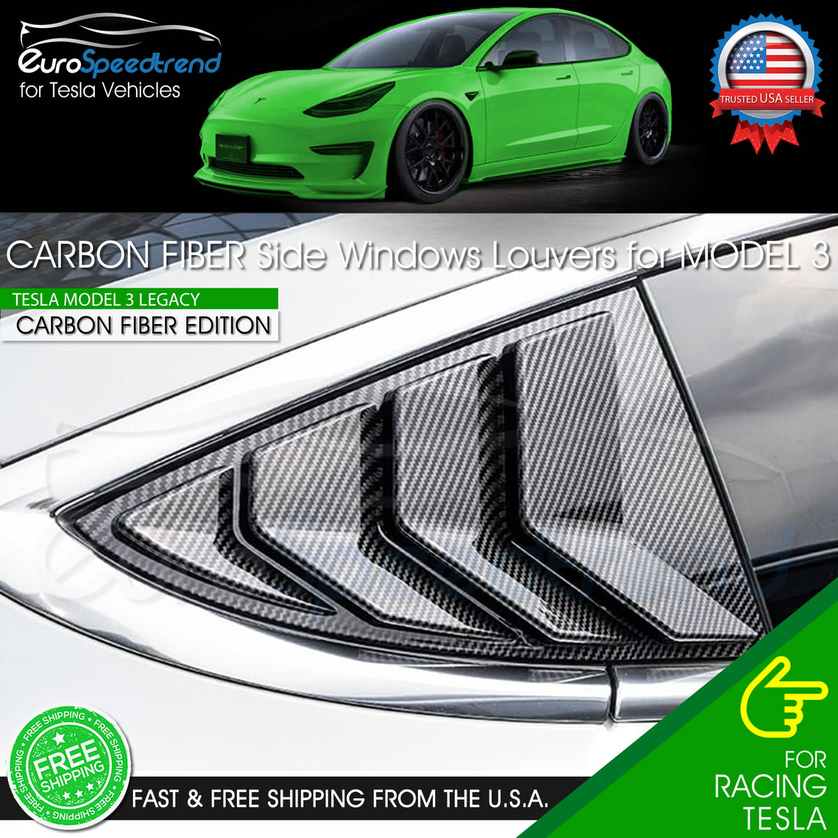 For 2017-2021 Tesla Model 3 Carbon Fiber Rear Side Window Louver Shutt