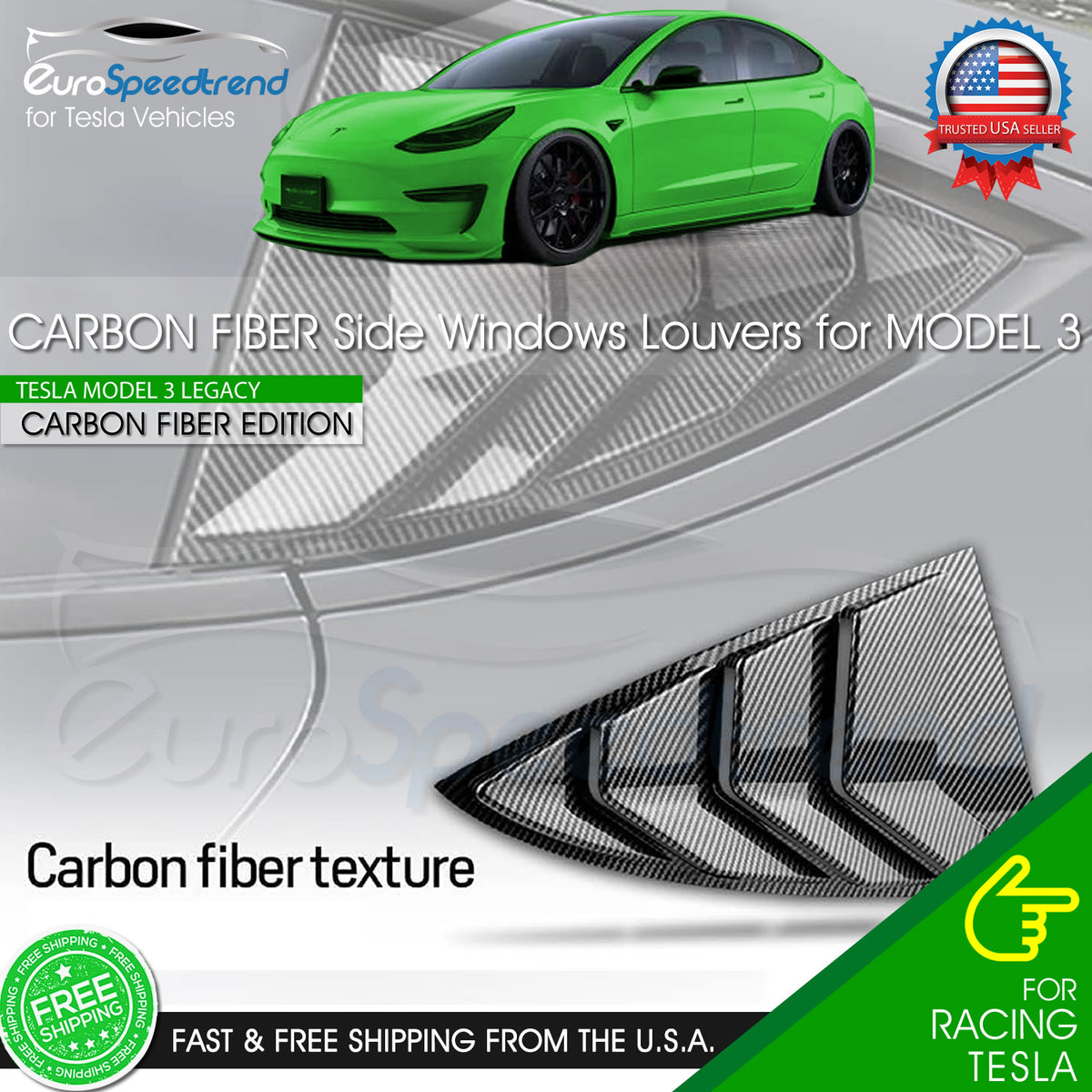 For 2017-2021 Tesla Model 3 Carbon Fiber Rear Side Window Louver Shutt