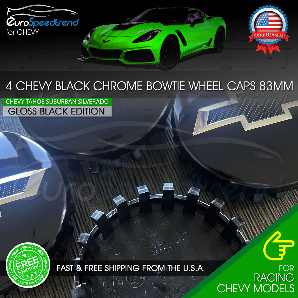Chevy 83mm Black Wheel Center Hub Caps Bowtie Silverado Tahoe Suburban
