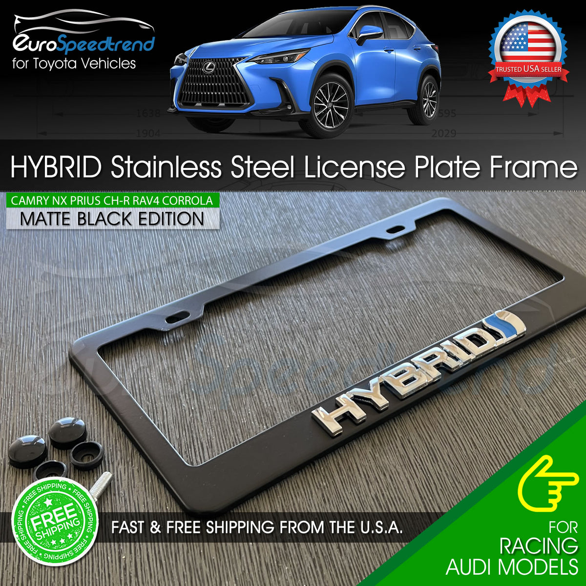 Chrome HYBRID License Matte Black Plate Frame Logo Front or Rear 3D Em